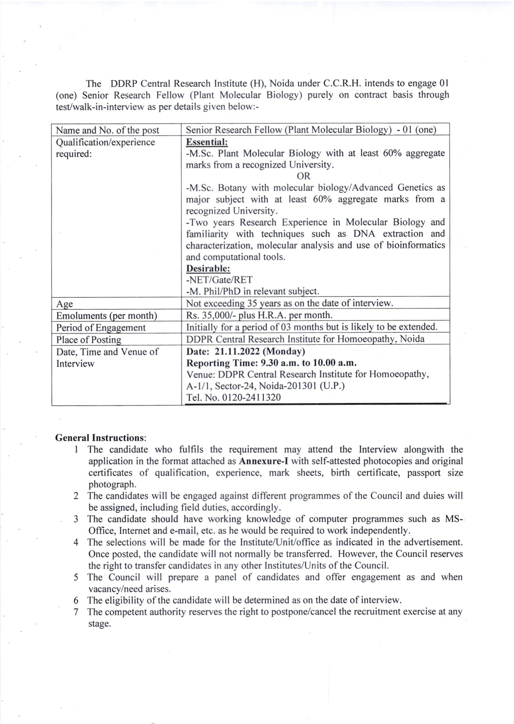 Govt CCRH-Ministry of AYUSH SRF Recruitment, Attend Walk-In by BioTecNika - Issuu