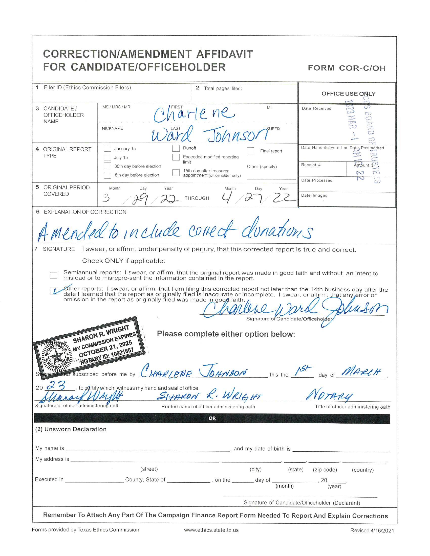 Charlene Ward Johnson Corrected her March 29th thru April 27, 2022 ...