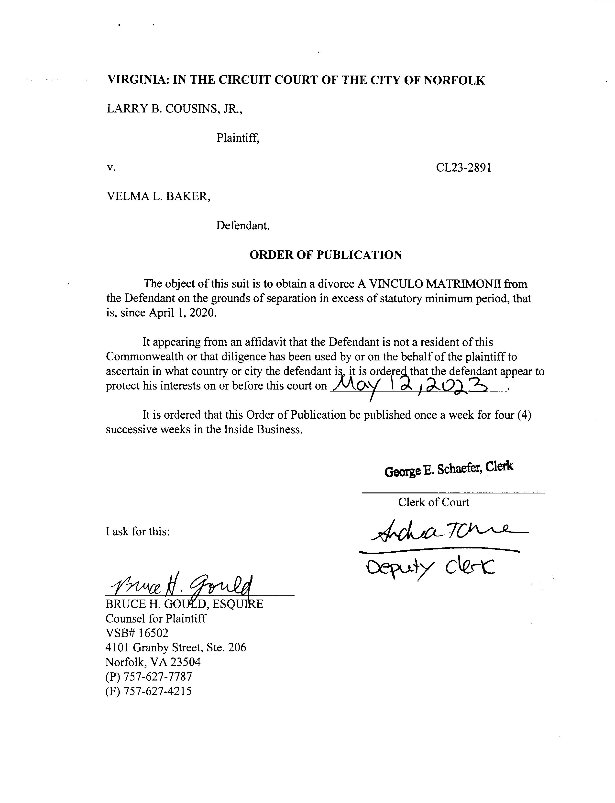 CL23 2891 ORDER OF PUBLICATION By Norfolk Circuit Court Clerk s Office CL23 2891 ORDER OF PUBLICATION By Norfolk Circuit Court Clerk s Office