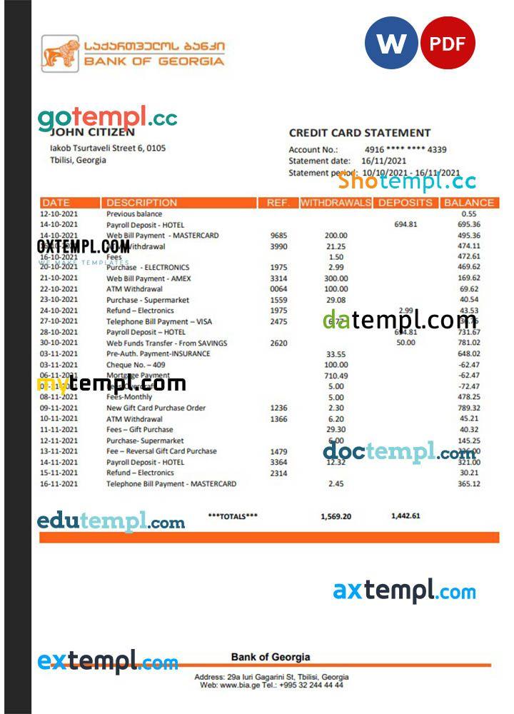 Georgia Bank of Georgia proof of address statement template in Word and PDF format, fully ...
