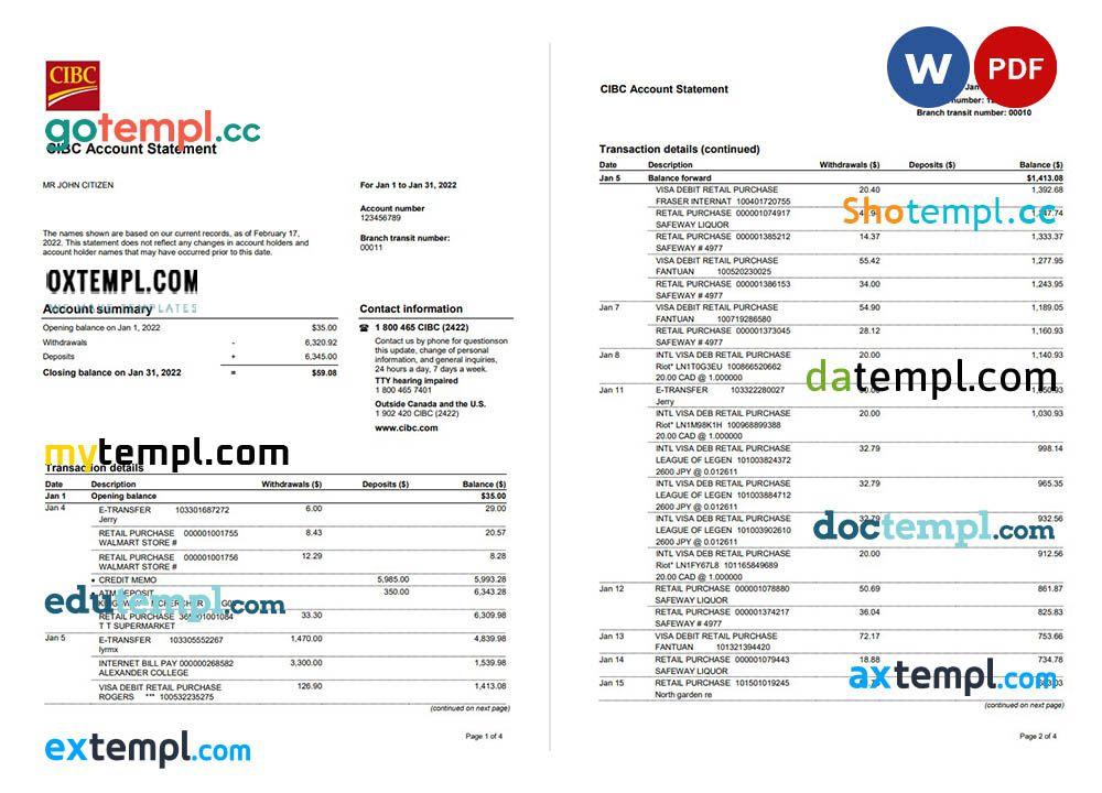 USA CIBC bank statement, Word and PDF template, 4 pages by boxtempl - Issuu