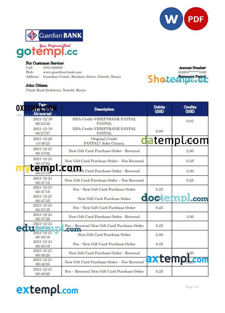 Kenya Co-Operative Bank proof of address statement template in Word and ...