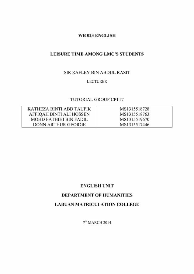 Matriculation Programme Research Writing Report - Leisure Time Among ...