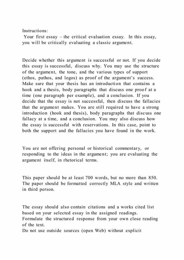 Instructions Your First Essay The Critical Evaluation Essay. I by ...