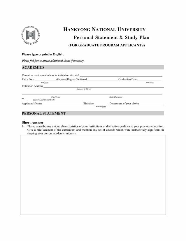 Hankyong University Form Personal Statement Ampamp Study Plan by Kim ...