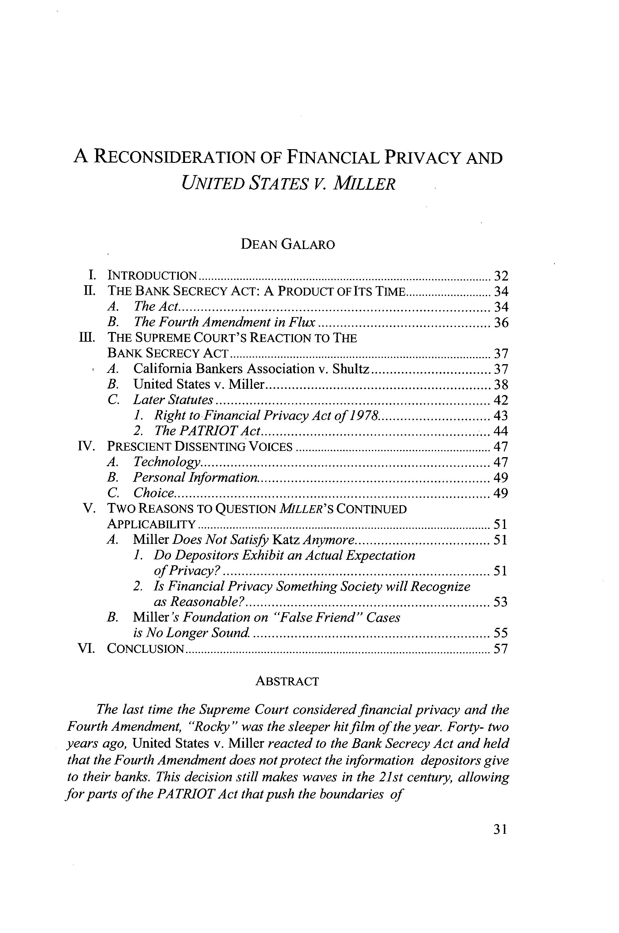A RECONSIDERATION OF FINANCIAL PRIVACY AND UNITED STATES V. MILLER - Issuu