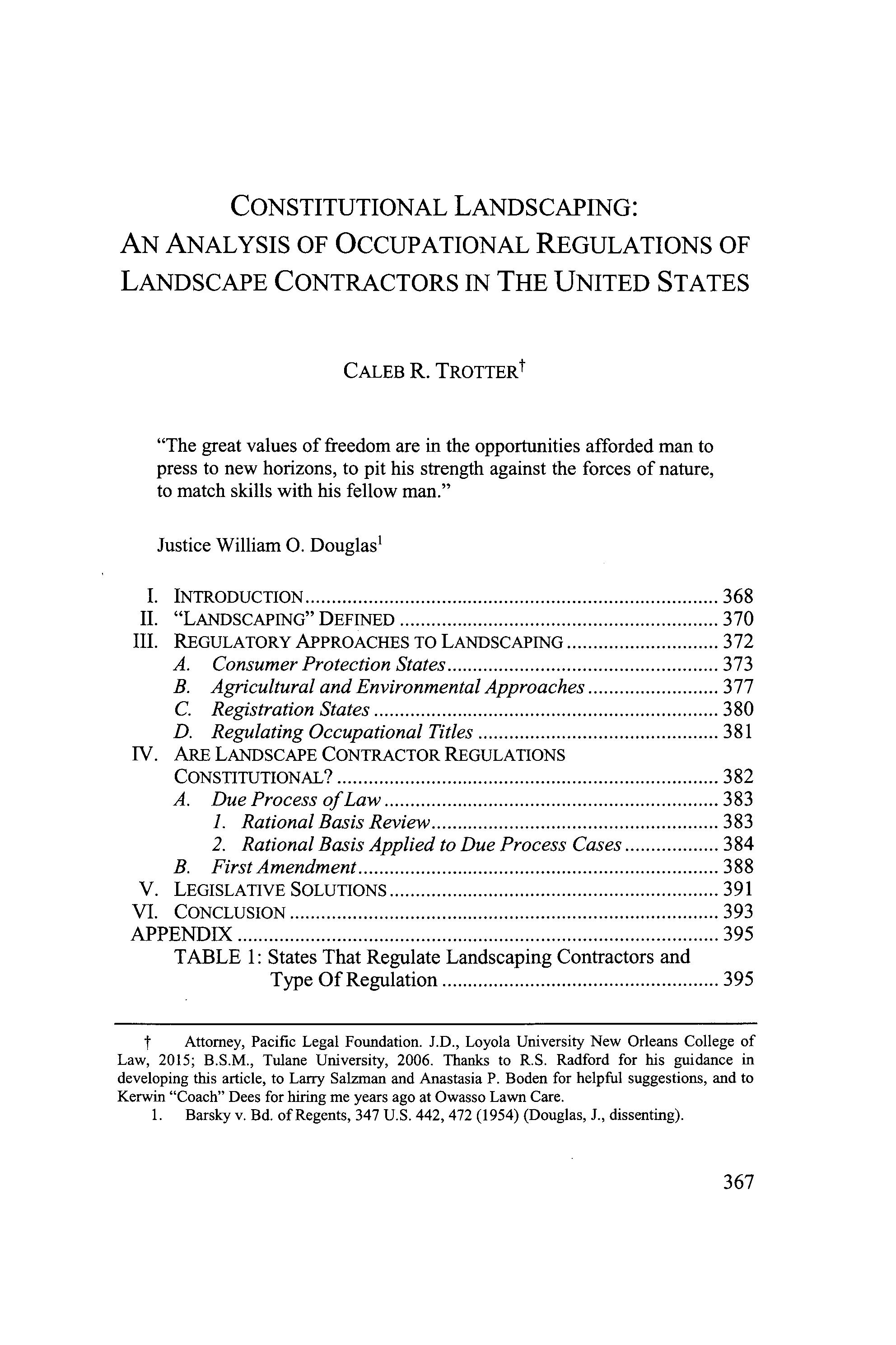 CONSTITUTIONAL LANDSCAPING: AN ANALYSIS OF OCCUPATIONAL REGULATIONS OF ...