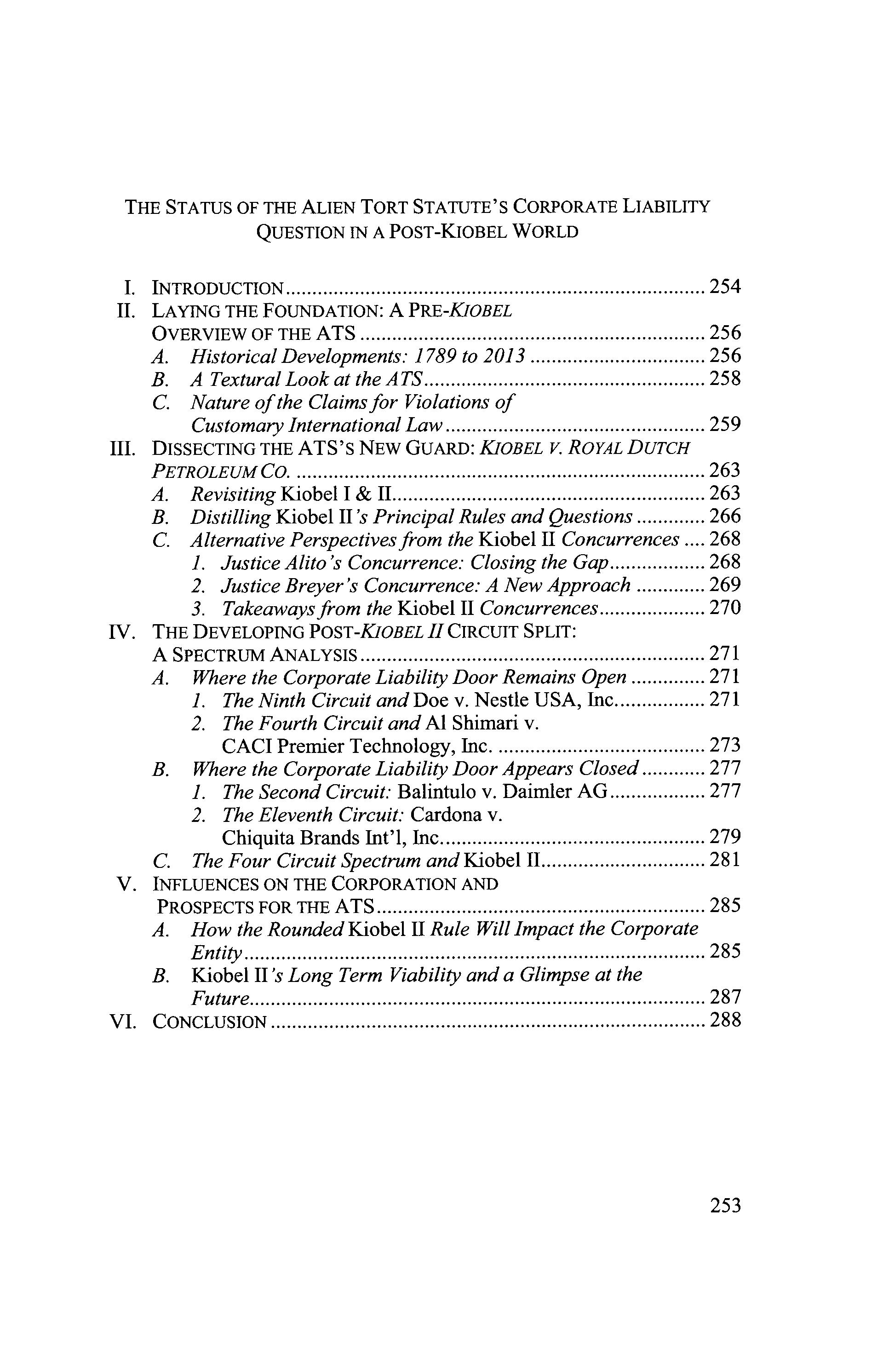 THE STATUS OF THE ALIEN TORT STATUTE'S CORPORATE LIABILITY QUESTION IN ...