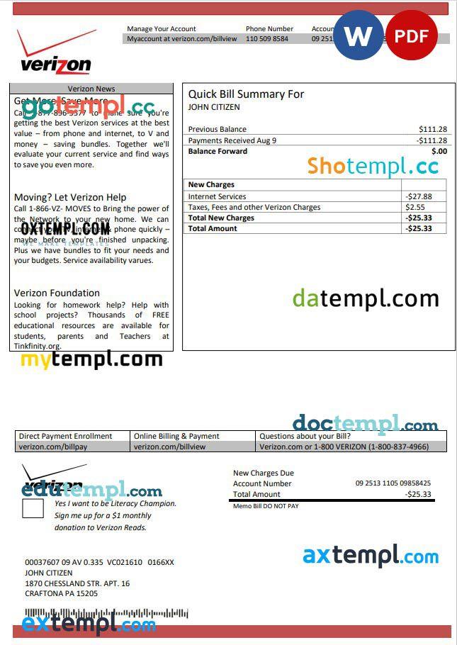 USA Verizon utility bill template in Word and PDF format, fully ...