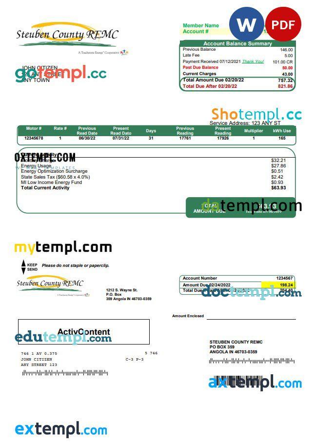 USA Steuben Country REMC utility bill template in Word and PDF format ...