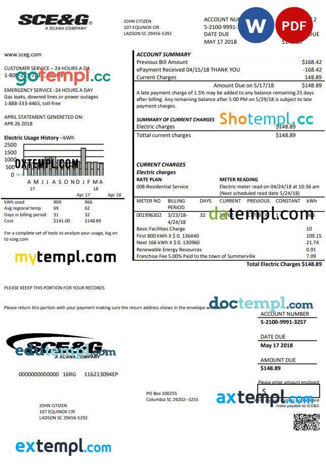 USA South Carolina SCE&G electricity utility bill template in Word and ...