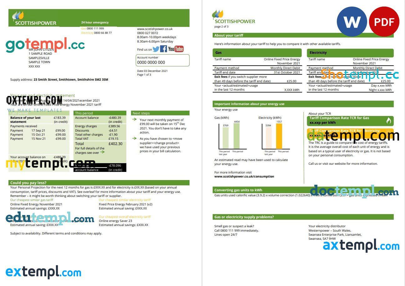 USA ScottishPower utility bill template in Word and PDF format (3 pages ...