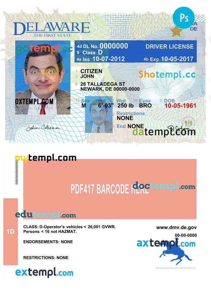 sample USA Delaware driving license template in PSD format, version 2 ...