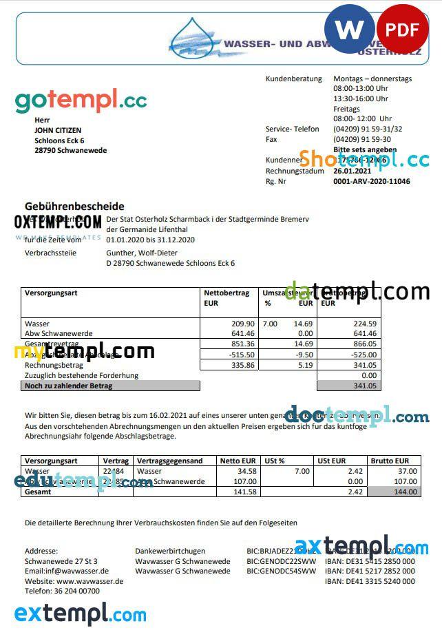 Germany Wavwasser utility bill template in Word and PDF format by ...