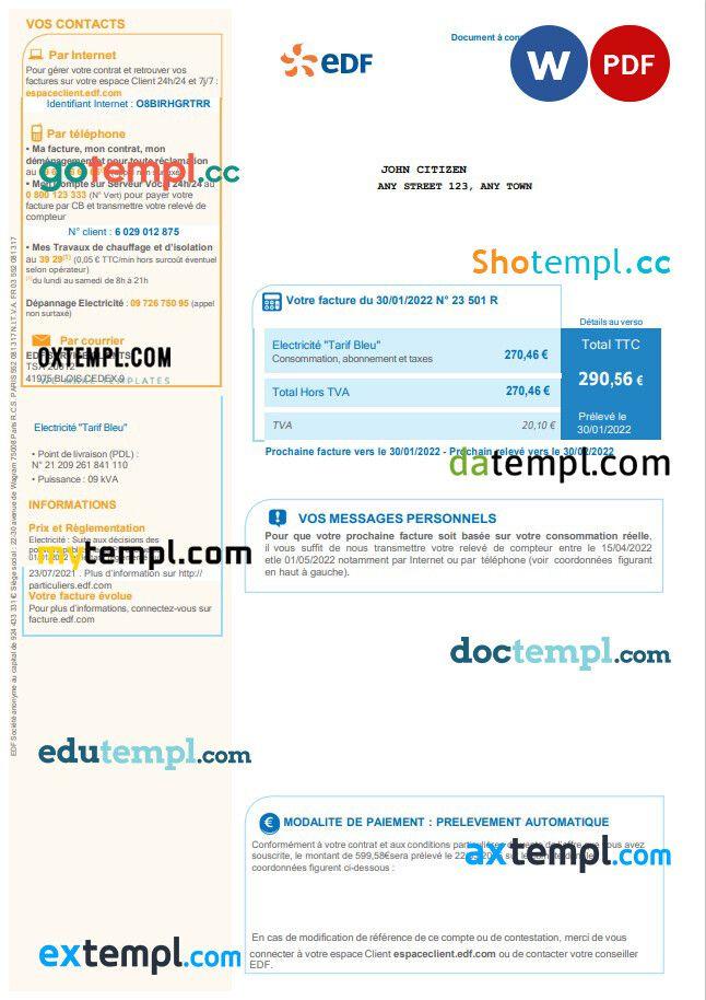 France electricity EDF utility bill template Word and PDF format, good ...