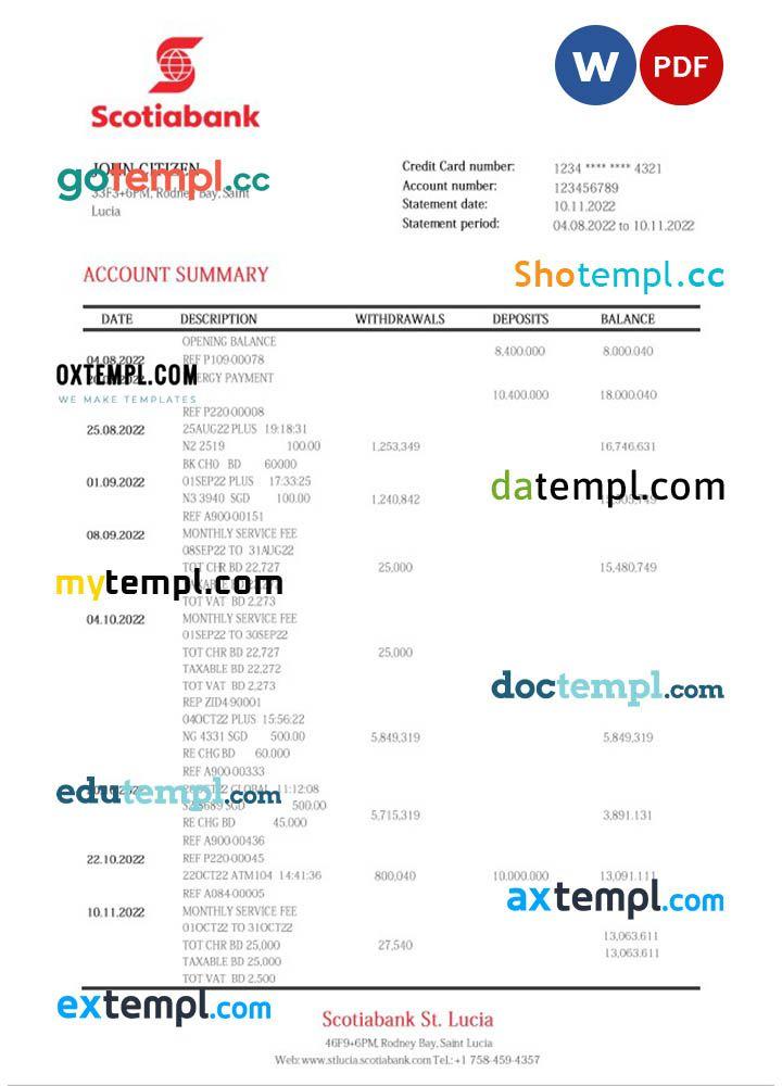 Saint Lucia Scotiabank bank proof of address statement template in Word ...