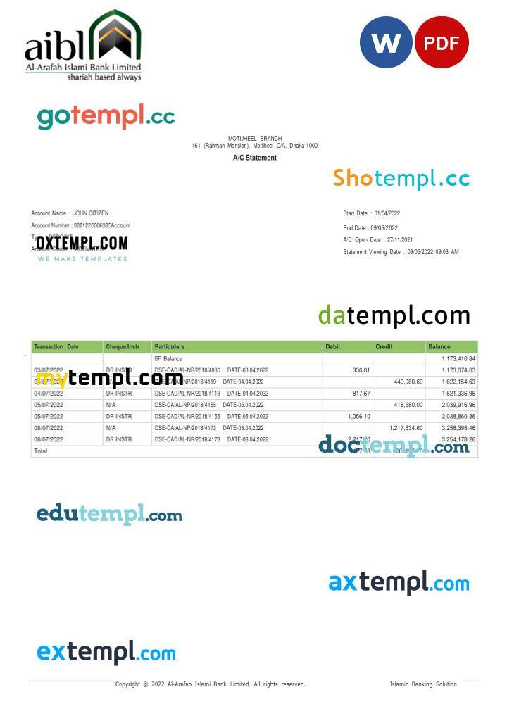 sample Bangladesh Al-Arafah Islami Bank statement, Word and PDF ...