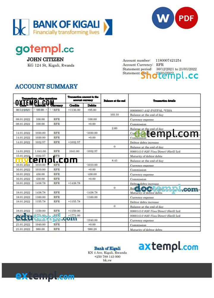 Rwanda Bank of Kigali bank proof of address statement template in Word ...