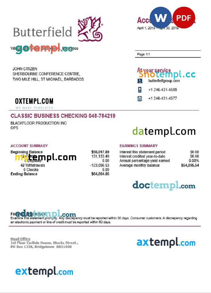 sample Barbados Butterfield proof of address bank statement template in Word and PDF format ...