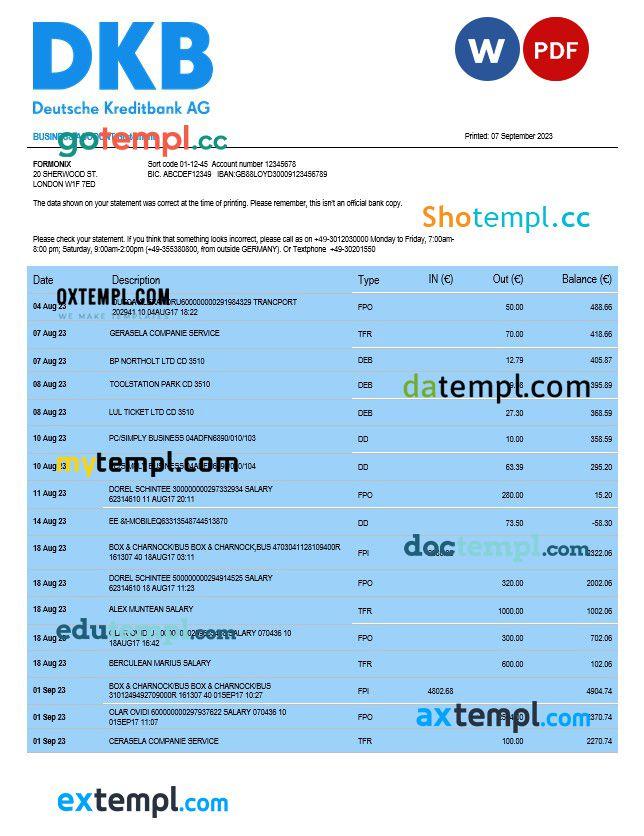 Deutsche Kreditbank organization checking account statement Word and ...