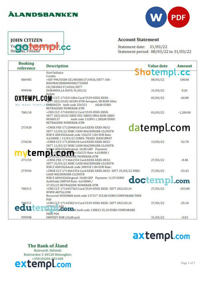 sample Finland Aland Bank statement template in Word and PDF format download by axtemplsstore ...