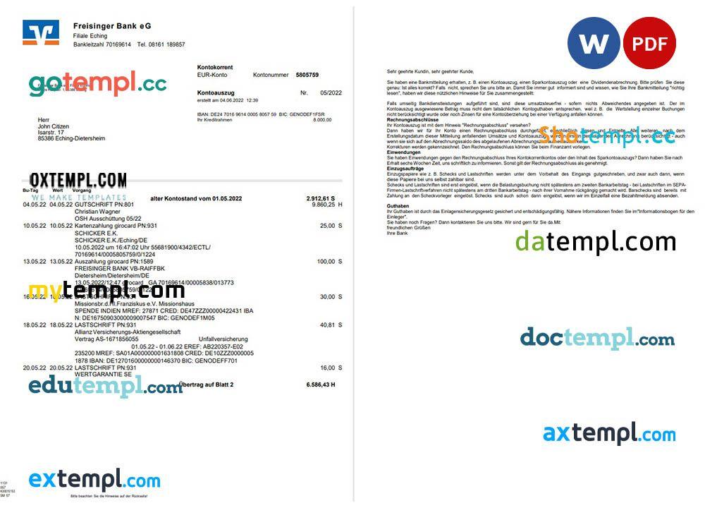 sample Germany Freisinger Bank eG bank statement, Word and PDF template ...