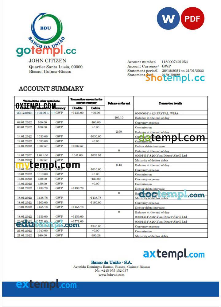 sample Guinea-Bissau Banco da Uniao proof of address bank statement ...