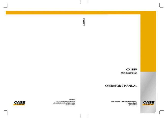 CASE CX15EV ELECTRIC MINI EXCAVATOR OPERATOR'S MANUAL 92041959 by ...