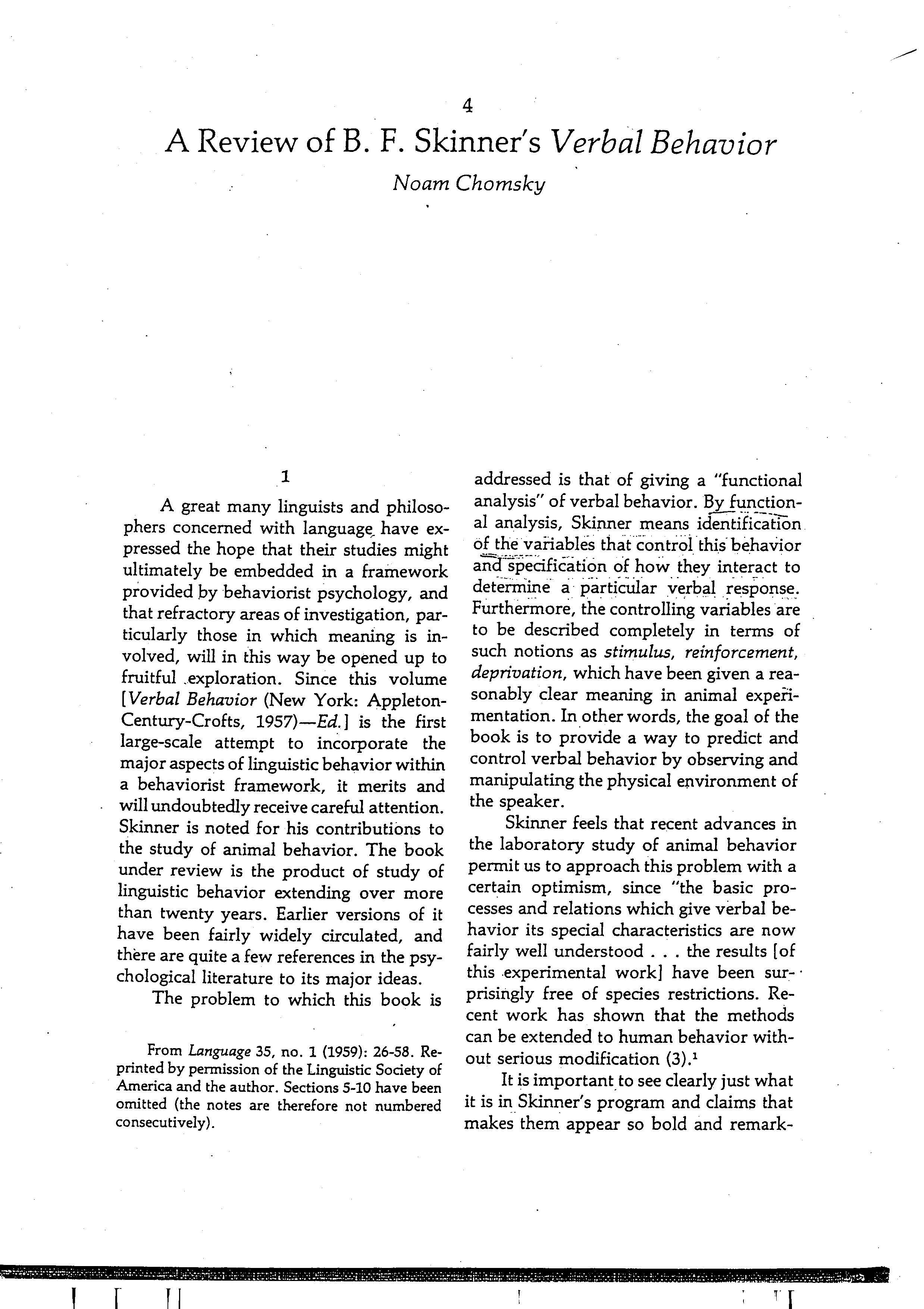 A Review of B.F. Skinner's Verbal Behavior by Noam Chomsky by ...