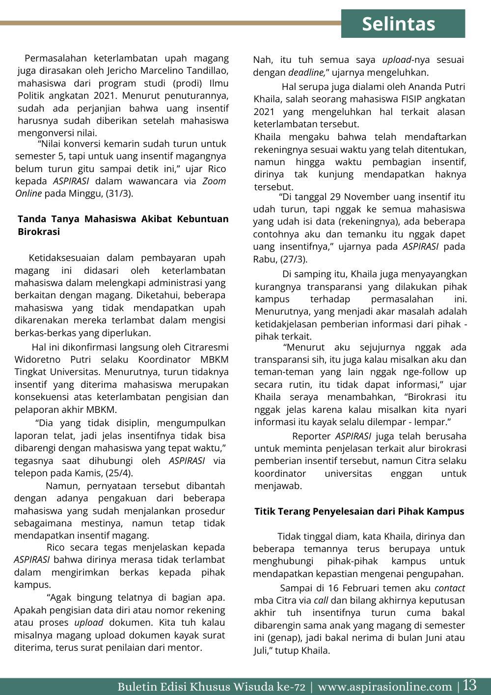 Buletin Edisi Khusus Wisuda Ke-72 LPM ASPIRASI by LPM ASPIRASI - Issuu