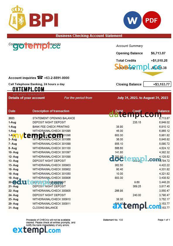 Bank of the Philippine Islands business statement Word and PDF template ...