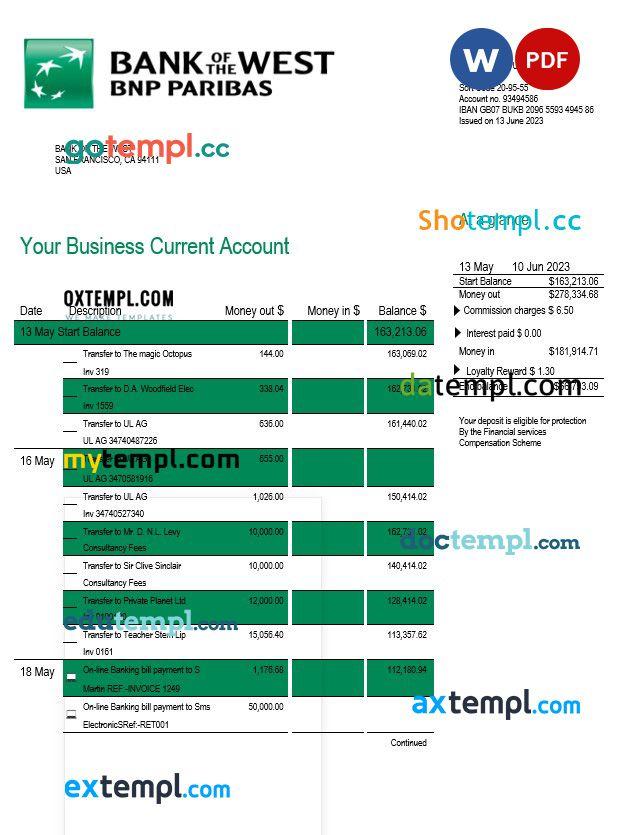 Bank of the West company checking account statement Word and PDF ...