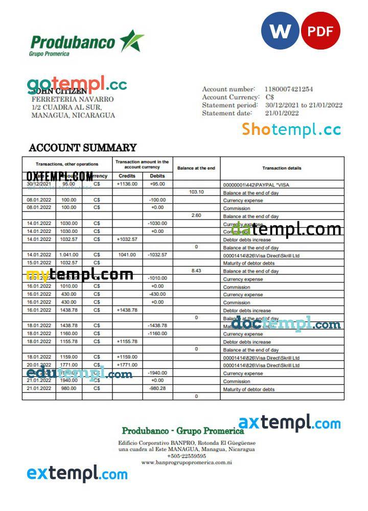 sample Nicaragua Banco de la Producción bank statement template in Word ...