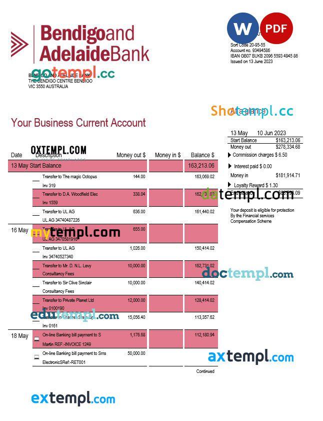 Bendigo and Adelaide Bank company account statement Word and PDF ...