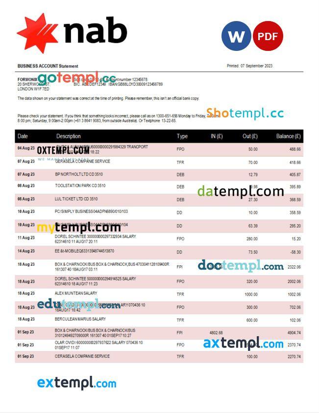NAB Bank company account statement Word and PDF template go by ...