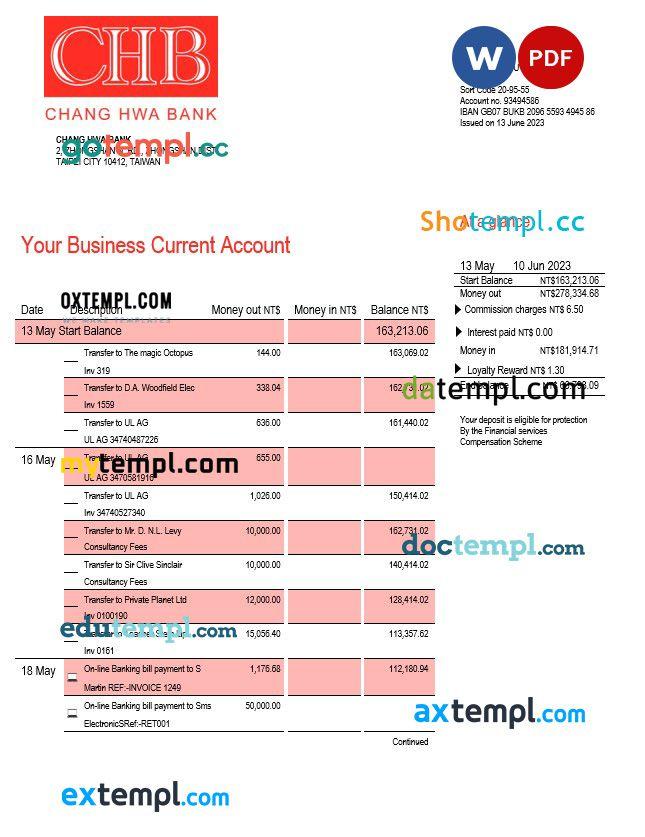 Chang Hwa Bank business statement Word and PDF template by Shooteempl ...