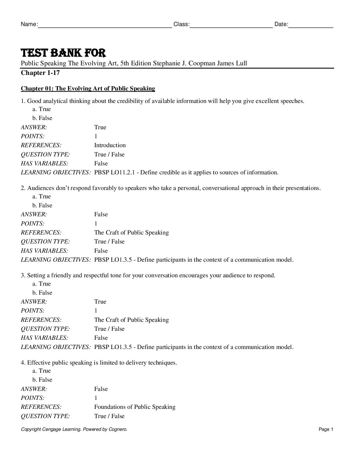 Test Bank For Public Speaking The Evolving Art, 5th Edition by ...