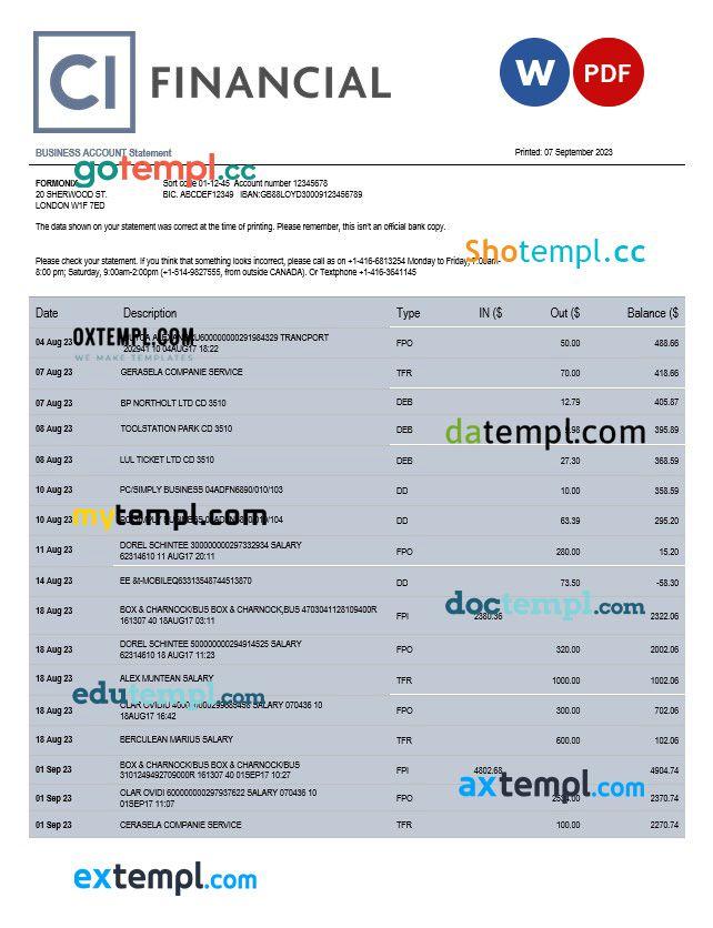CL Financial Bank organization account statement Word and PDF template ...