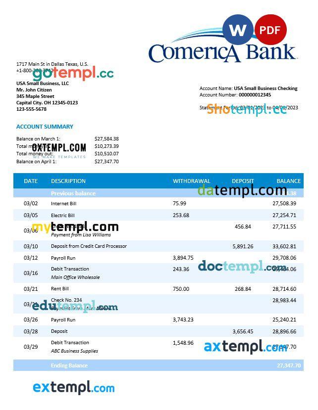 Comerica Bank business statement Word and PDF template by Shooteempl ...