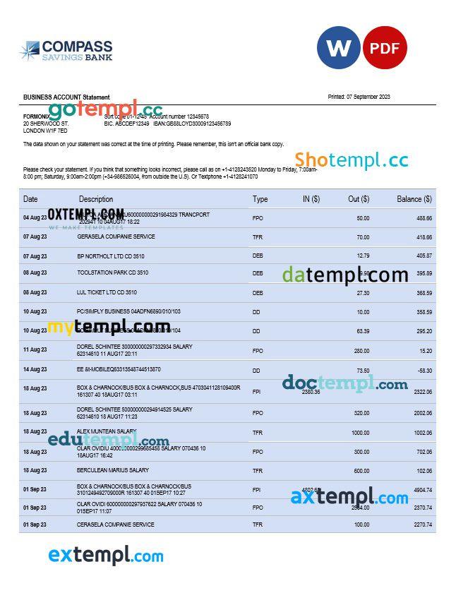 Compass Bank enterprise account statement Word and PDF template by ...