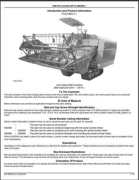 John Deere R40 Plus Combine Catalogue Manual PC12354 by Service ...