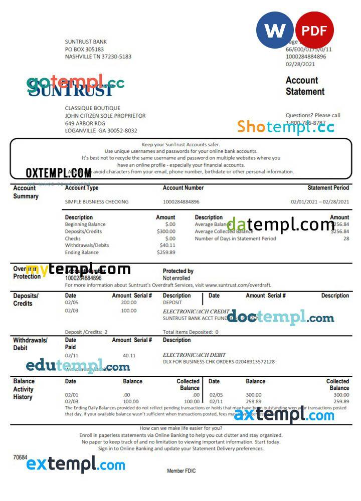 sample USA Georgia SunTrust bank statement template in Word and PDF ...