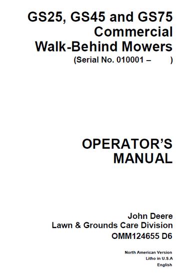 JOHN DEERE OMM124655 MANUAL - GS75 MOWER OPERATOR MANUAL by Technical ...