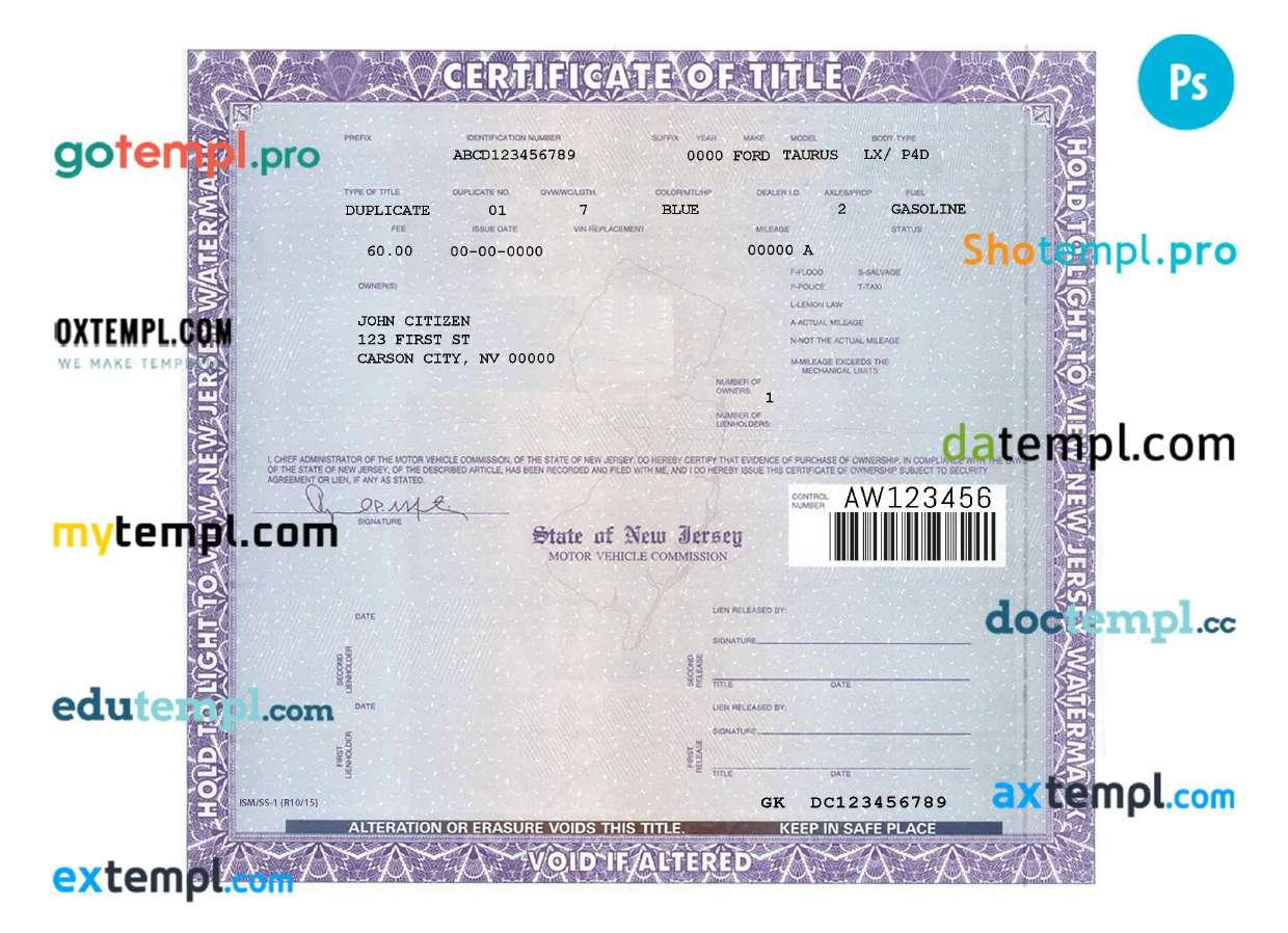 New Jersey certificate of title of a vehicle (car title) template in ...