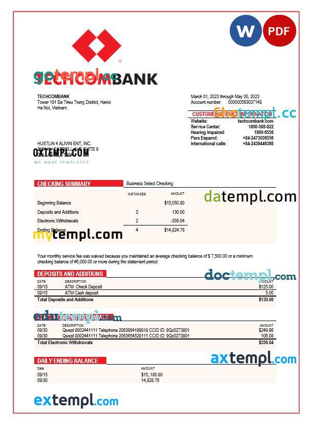 Techcombank corporate checking account statement Word and PDF template ...