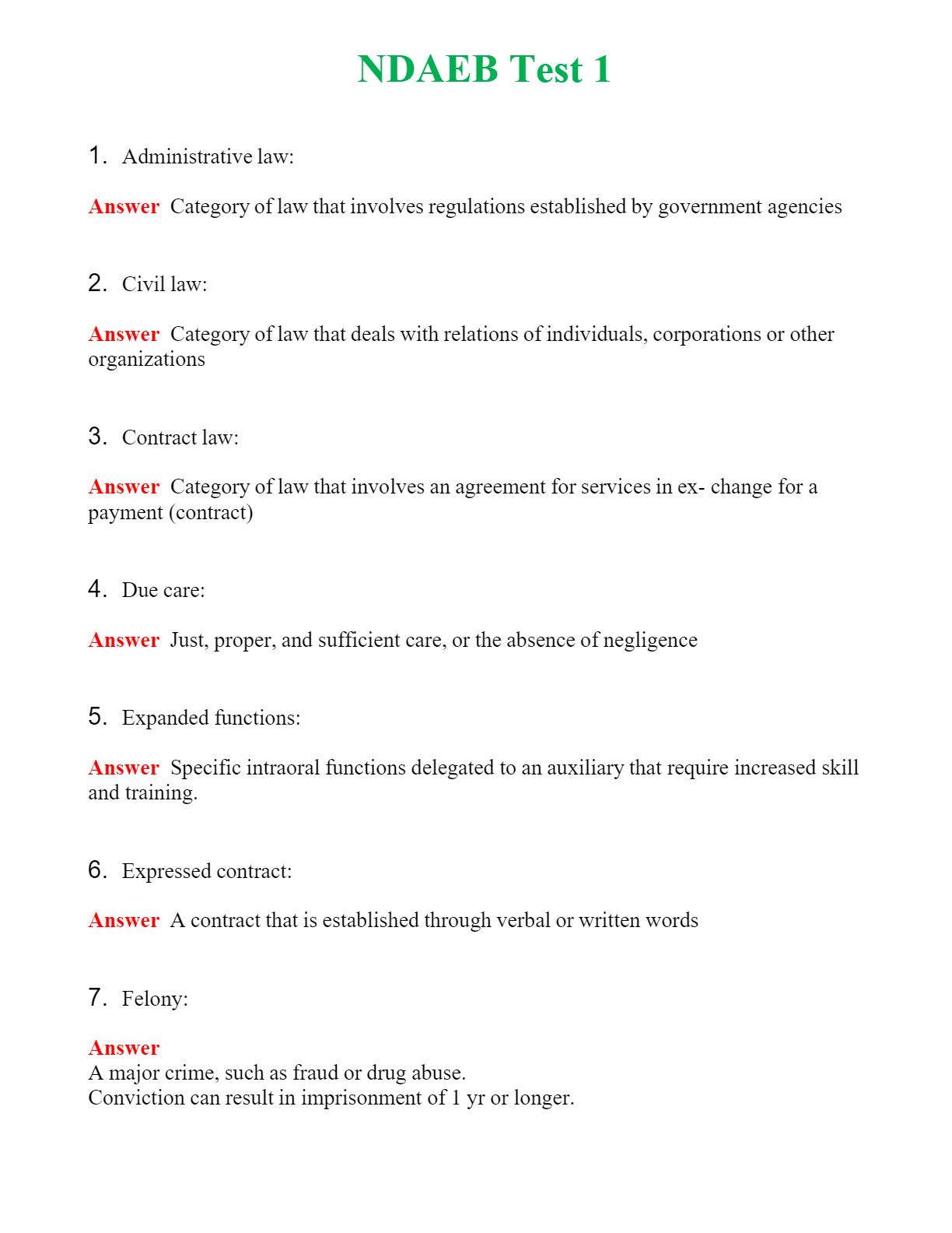 NDAEB Test 1 (Latest 2024) Questions With Complete Grade A+ Answers by ...