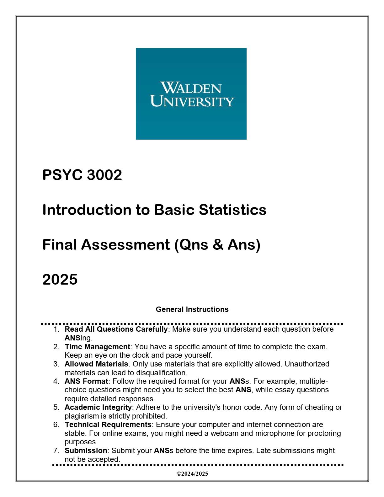 PSYC 3002 (Introduction to Basic Statistics) Final Assessment Qns & Ans 2025 by GreatPriceBooks ...