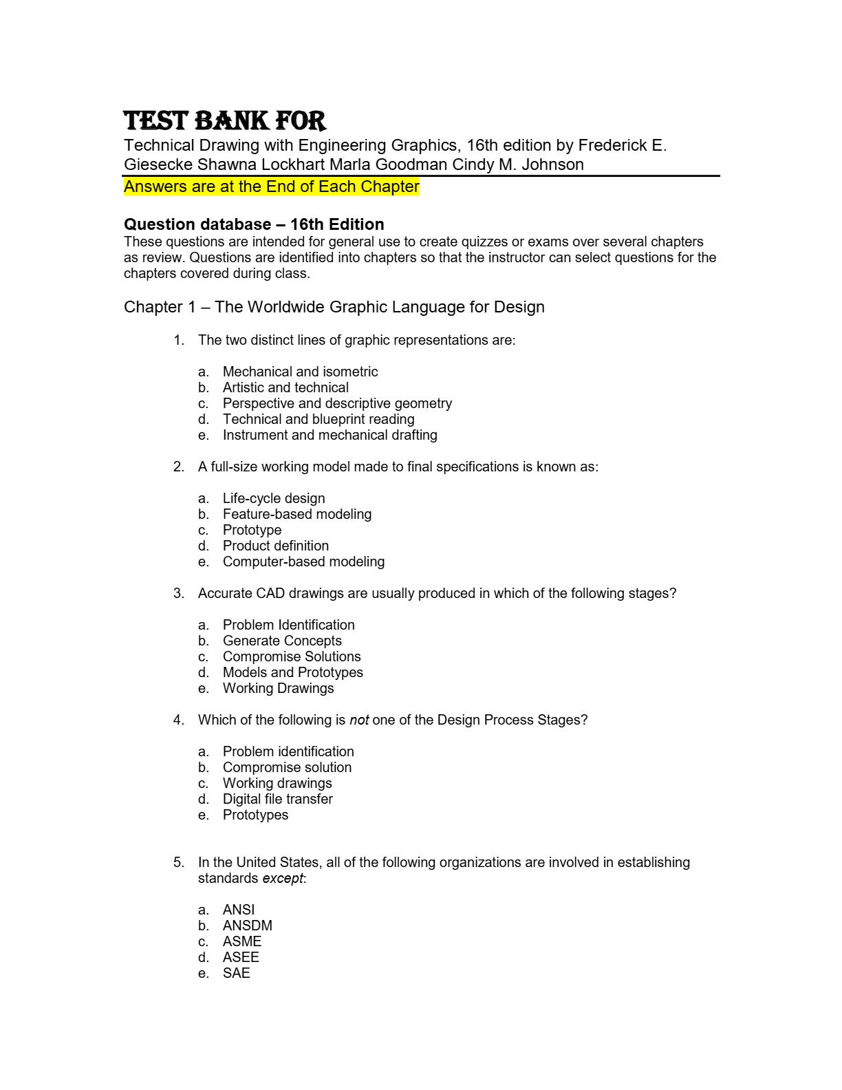 Test Bank For Technical Drawing with Engineering Graphics, 16th Edition ...
