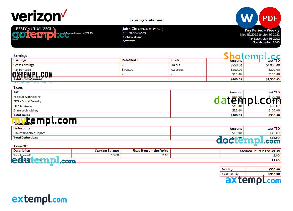 USA Verizon telecommunication company pay stub Word and PDF template by ...