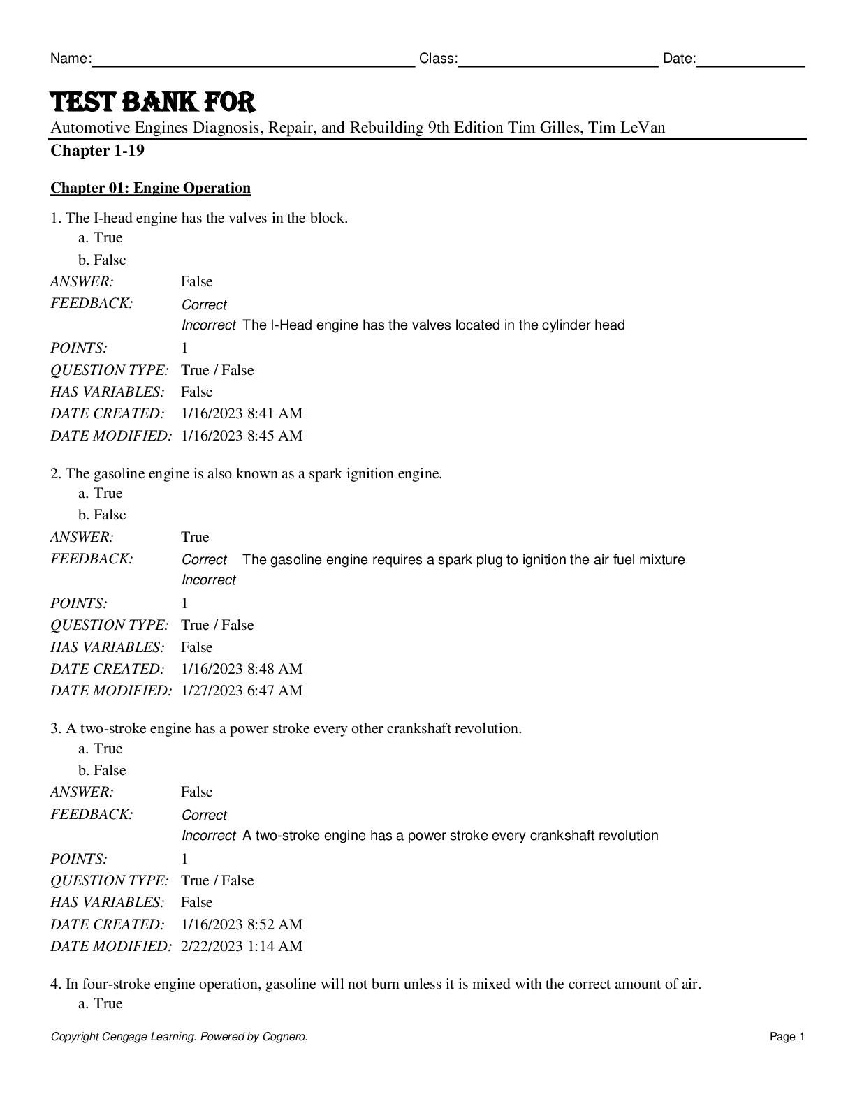 Test Bank For Automotive Engines Diagnosis, Repair, and Rebuilding 9th ...